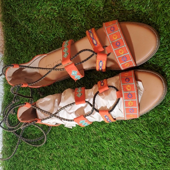 groove | Shoes | Orange Aztec Faux Suede Tie Up Sandals | Poshmark